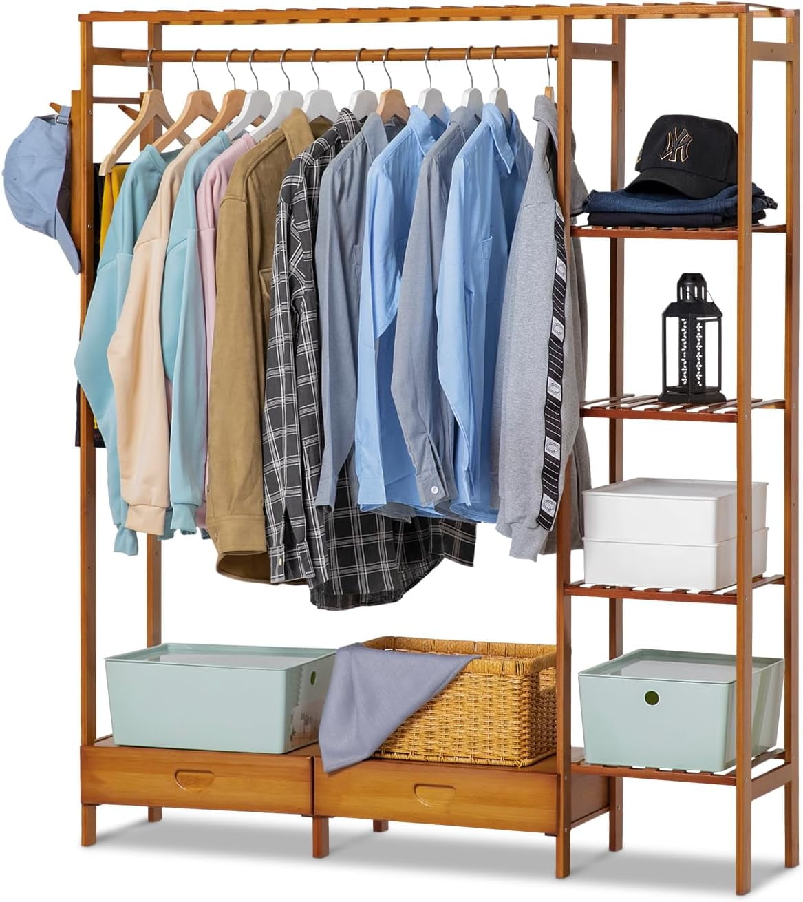 Magshion Bamboo Clothes Rack with 2 Drawers and Hooks, Clothing Hanging ...