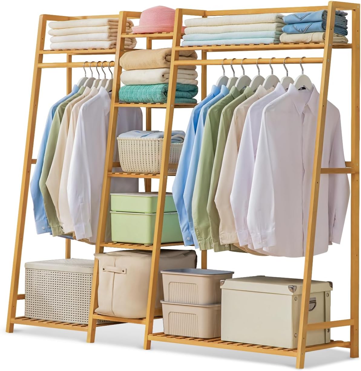 Magshion Bamboo Clothes Rack, 9 Storage Shelves Clothing Hanging Rack ...