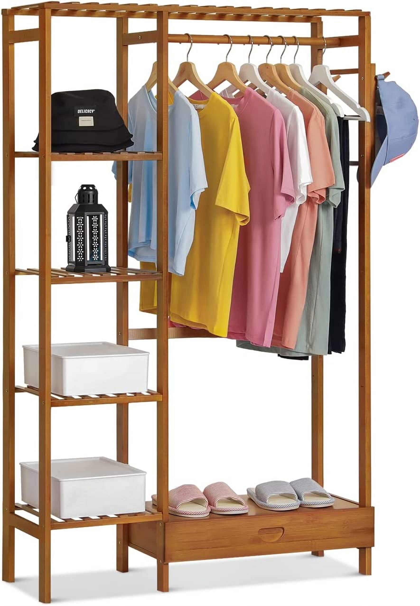 Magshion Bamboo Clothes Rack with Side Hooks, 5 Storage Shelves ...