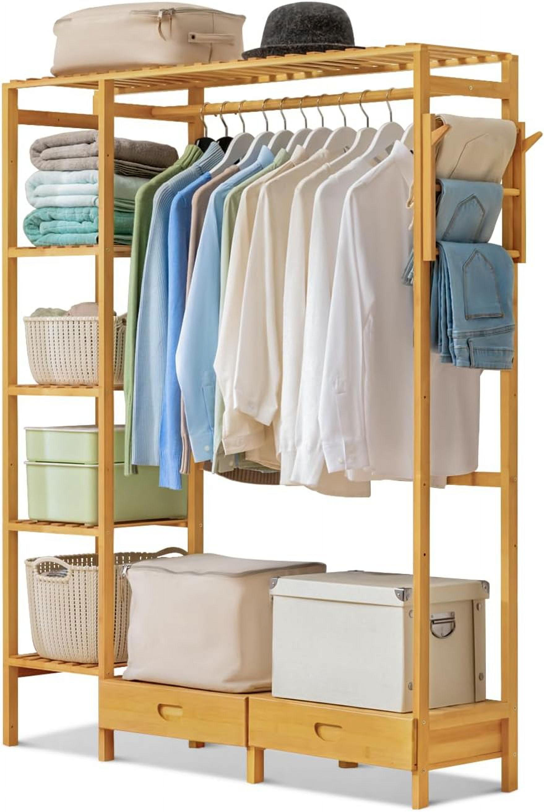 Magshion Bamboo Clothes Rack with Side Hooks, 5 Storage Shelves ...