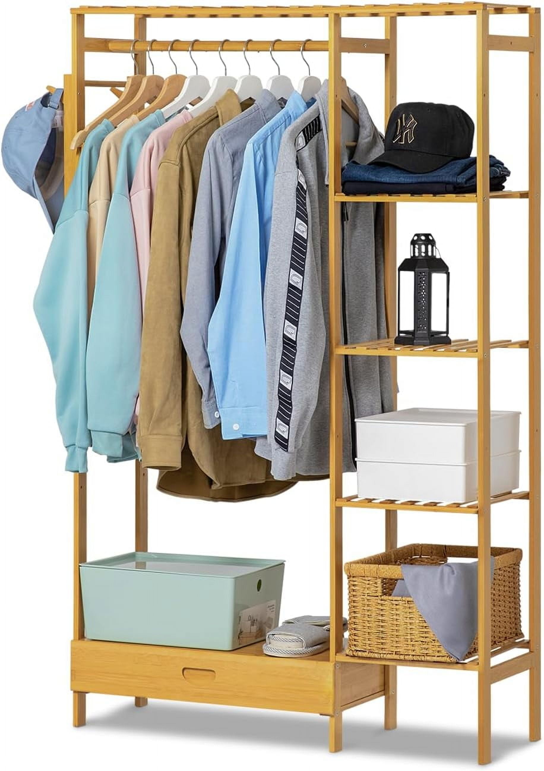 Magshion Bamboo Clothing Garment Rack with Drawer, Free - Standing ...