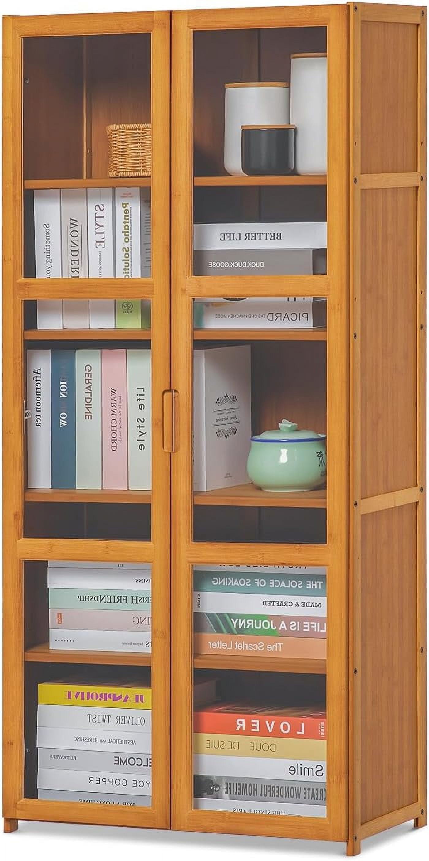 Magshion Bookcase with Doors, 5-Tier Tall Narrow Bookshelf Bamboo Shelf ...