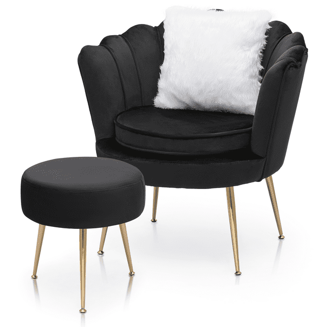 Magshion Black Velvet Chair Set with Cushion & Footrest, Comfortable ...