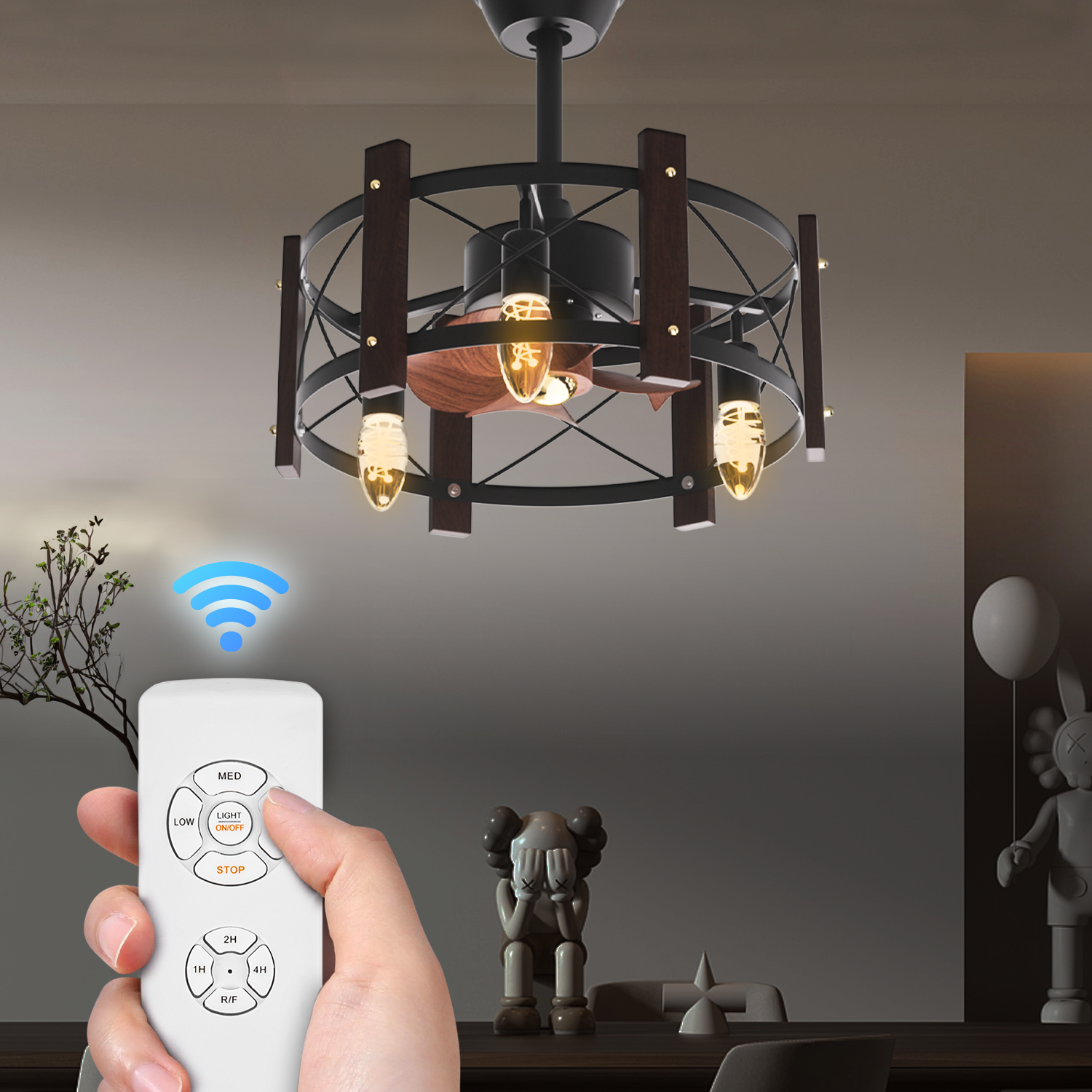 DingLiLighting 52'' Caged Industrial Ceiling Fan with Light Remote ...