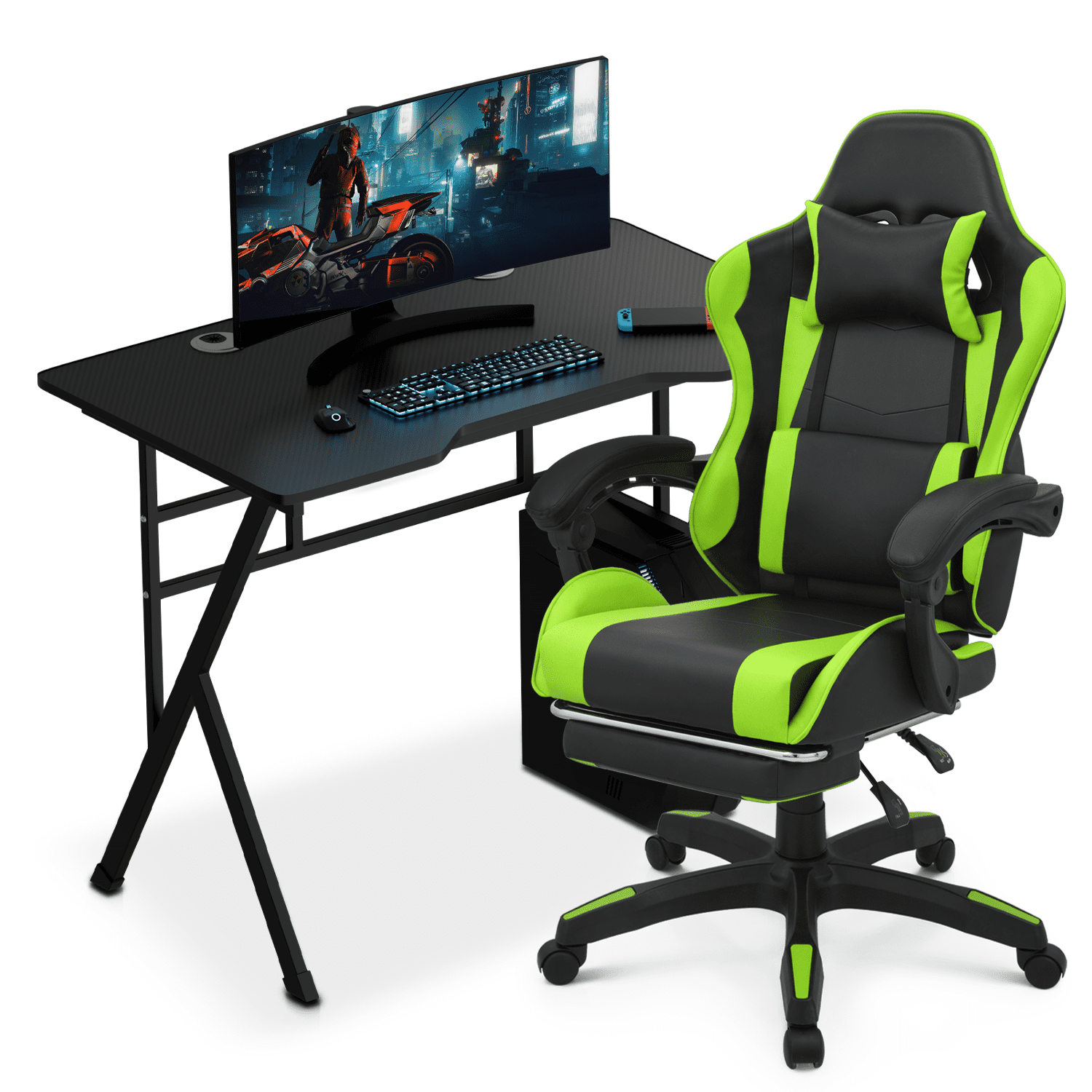 Magshion Gamer Combo: Adjustable PC Desk & Reclining Chair Set, Green ...