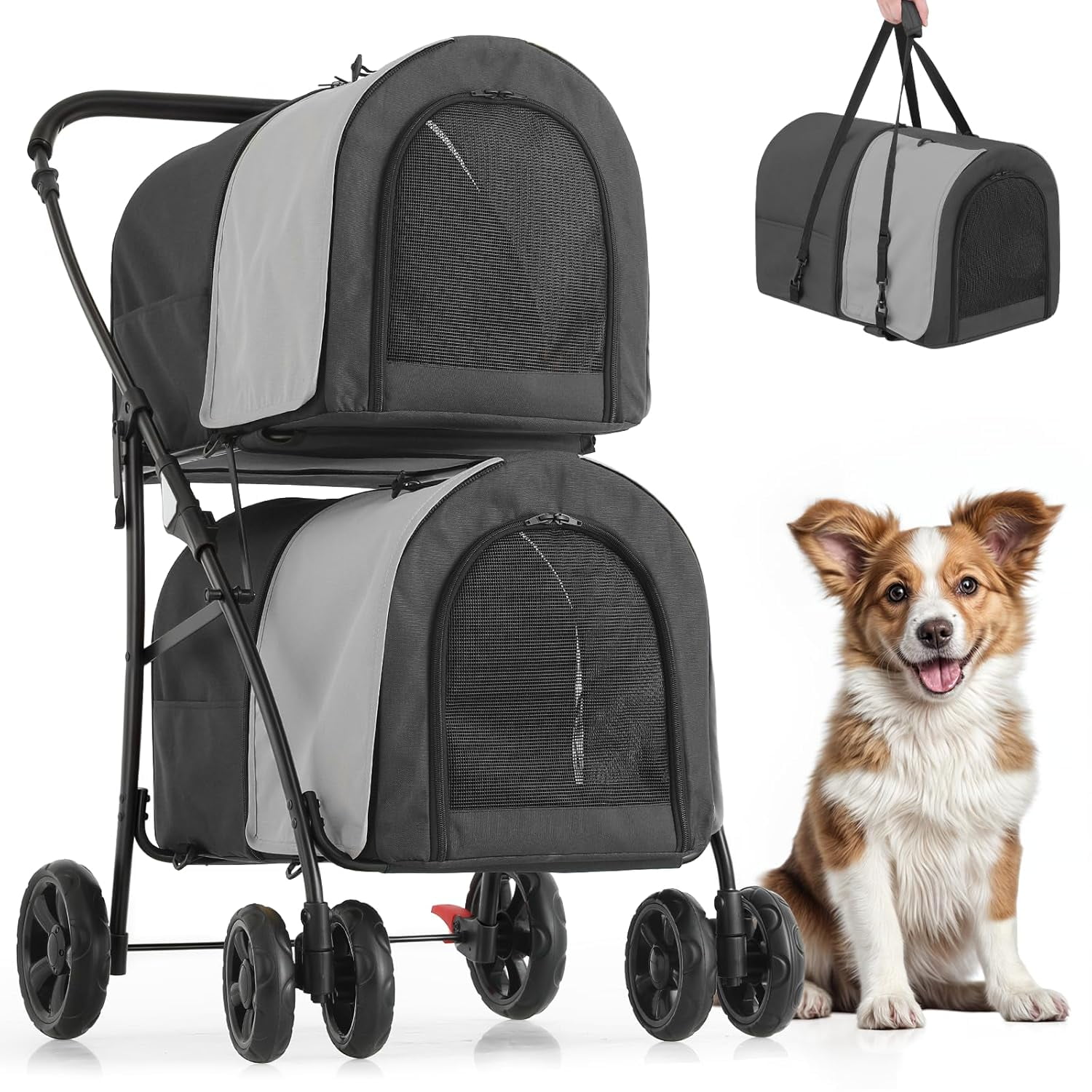 Magshion Double Dog Stroller with 2 Detachable Carrier Bags, 4-Wheel ...