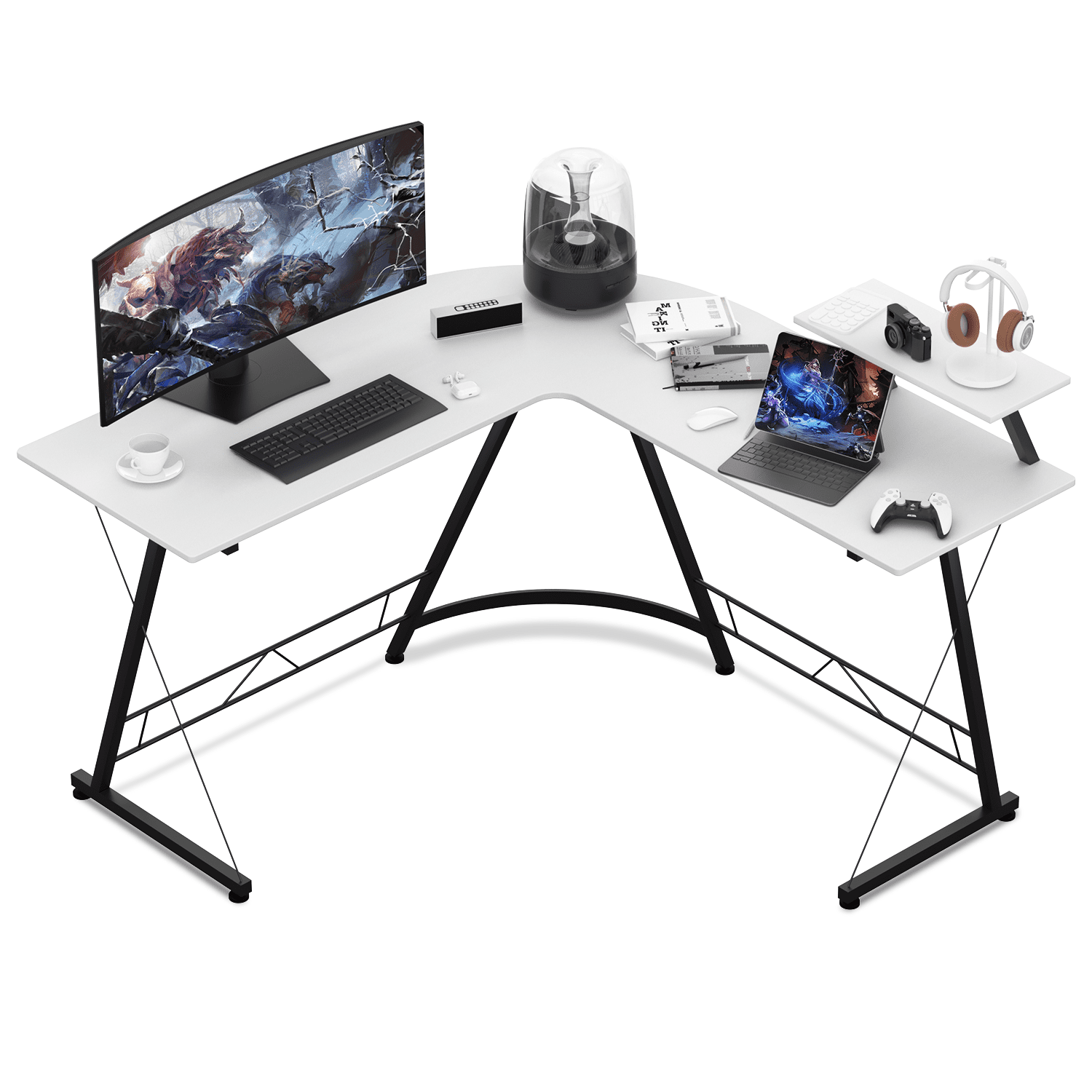 Magshion L-Shaped Corner Desk with Monitor Stand & Shelf, White, Gaming ...