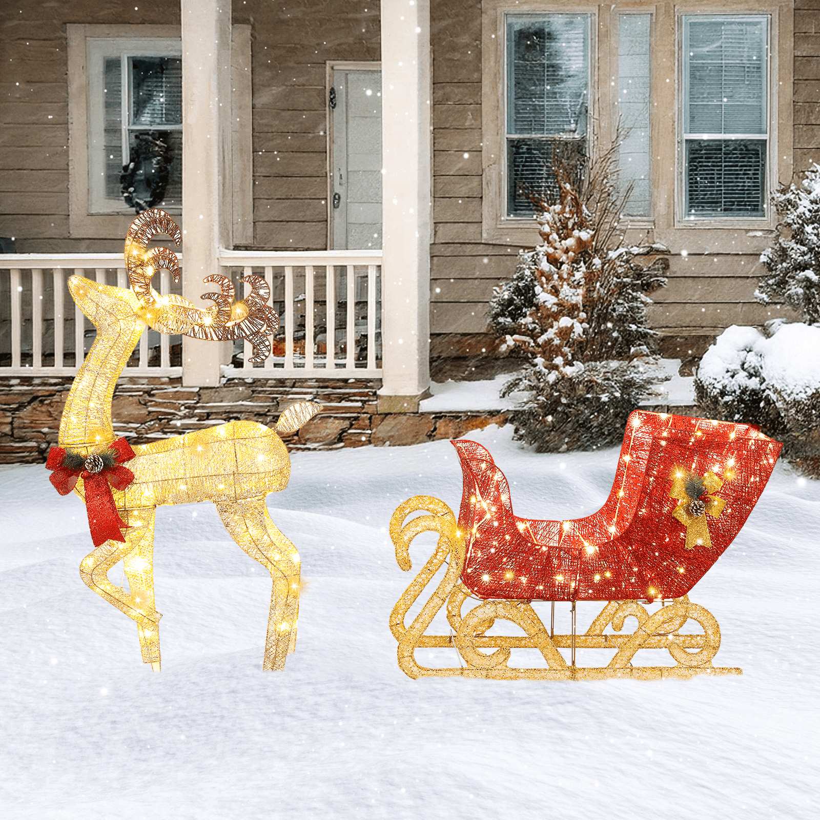 Magshion Lighted Christmas Reindeer & Sleigh Outdoor Yard Decoration ...