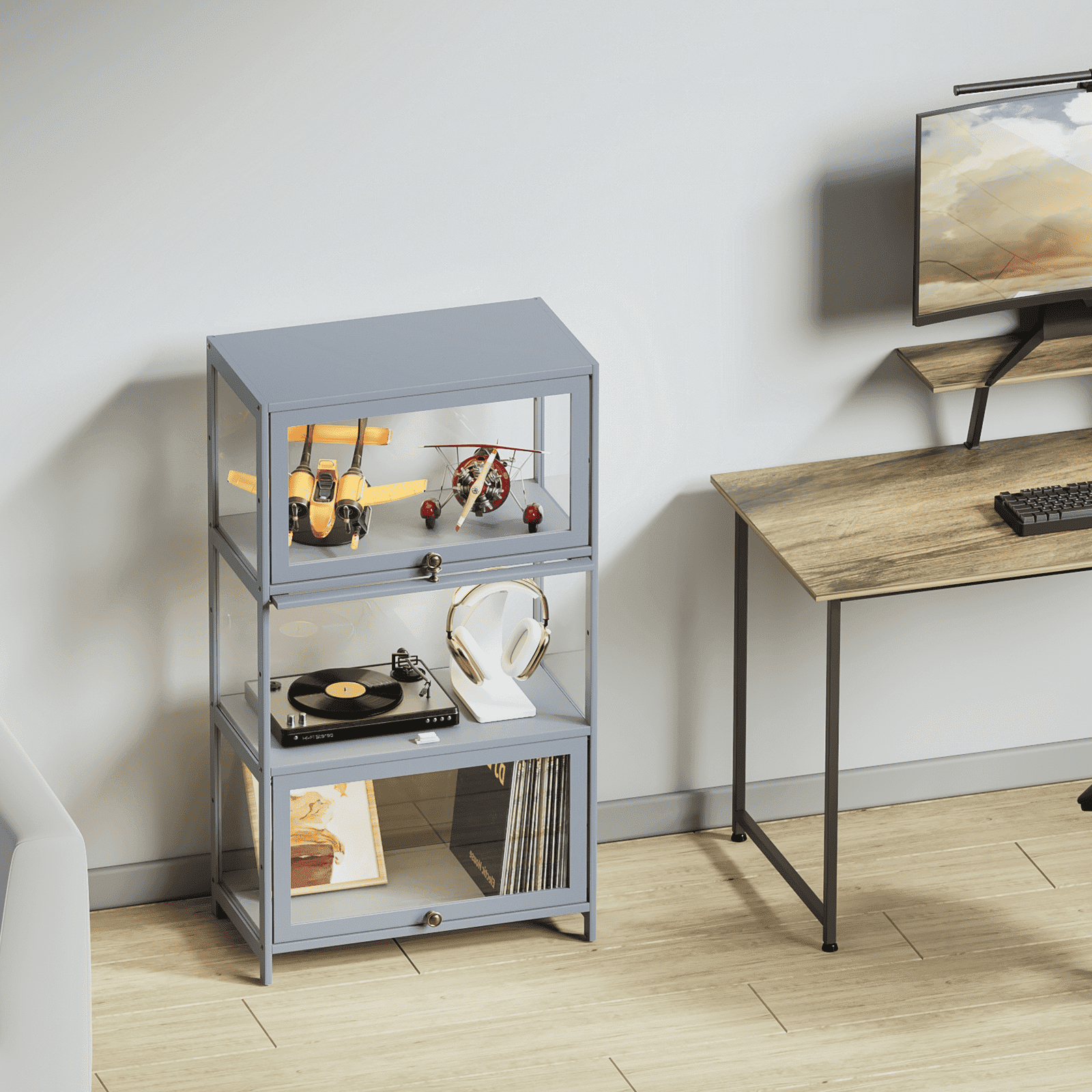 Magshion Modern 41.7" 3-Tier Transparent Display Cabinet with Flip Up Door, Floor Standing ...