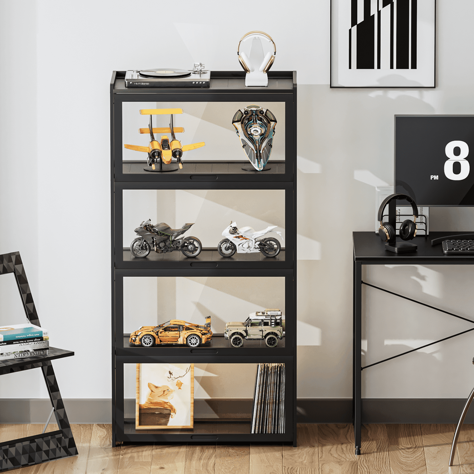 Magshion Modern 55 4 Tier Transparent Display Cabinet with Acrylic Flip Door Floor Standing Showcase Bookshelf Curio Cabinet Collection Display Case for Living Room Bedroom Home Office Black Walmart B...