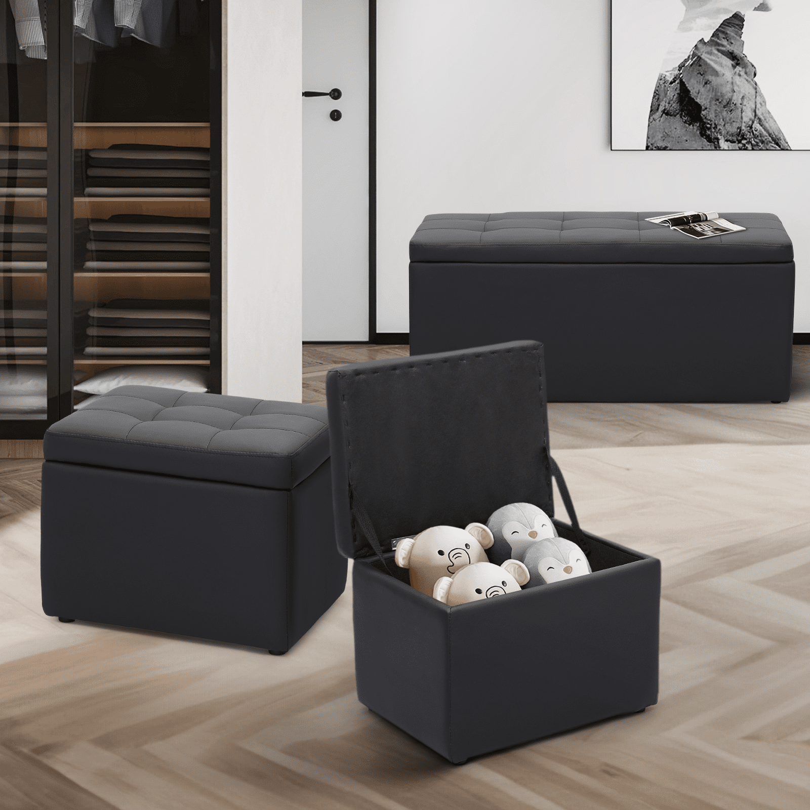 Magshion Rectangular Storage Bench Tufted Footrest with Cube Ottomans ...