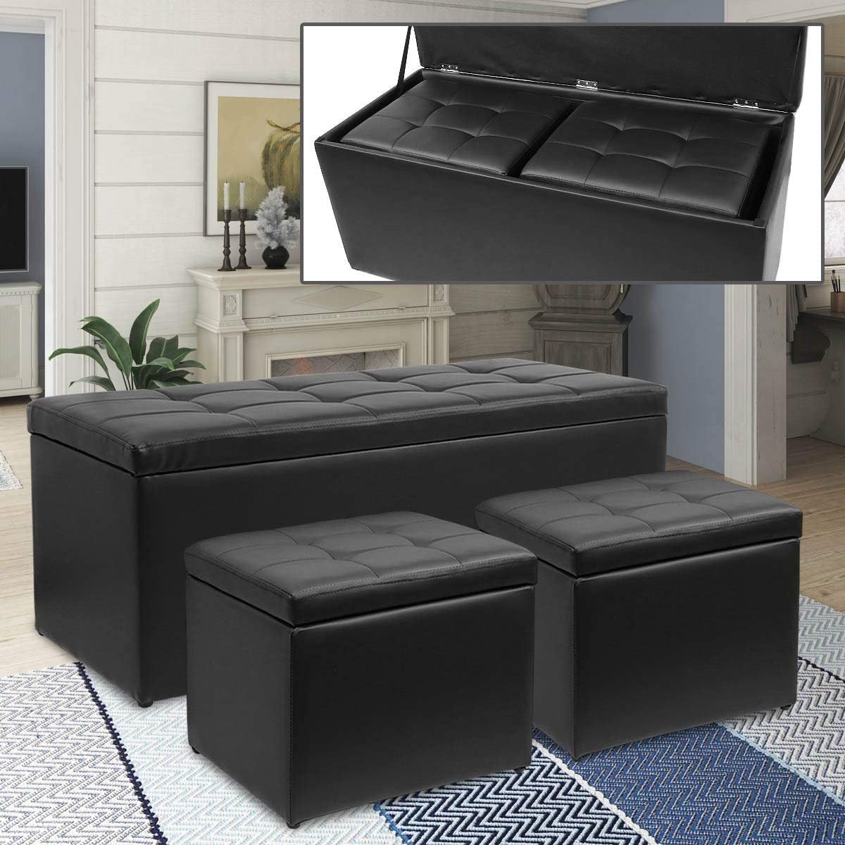 Magshion Storage Ottoman Set of 3 - 40 Inch Rectangle Bench With 2 Cube ...
