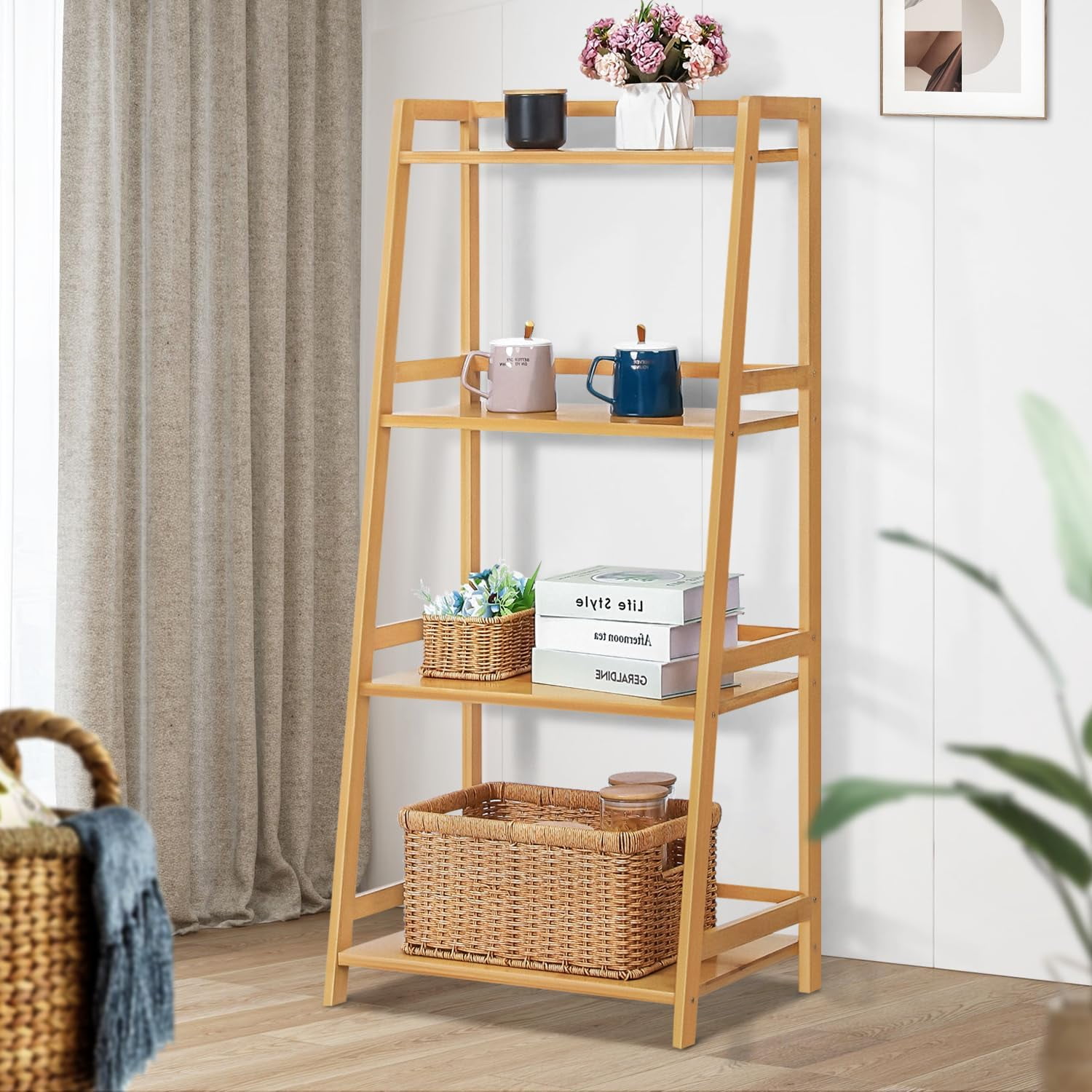 Magshion Tall Narrow Bookshelf, 4-Tier Ladder Bookcase Bamboo Book ...