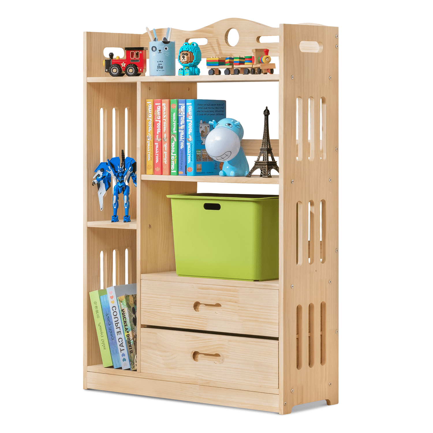 Magshion Wood 4 Shelves 2 Drawers Bookcase, Display Storage Bookshelf ...