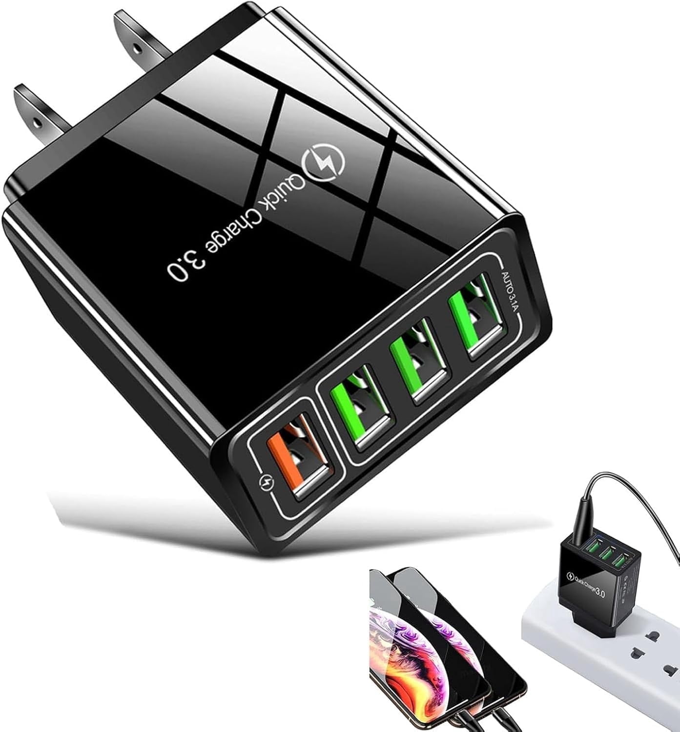 Mobile Phone Charger, 4-Port 3.0 Fast Charging Hub, equipped with ...