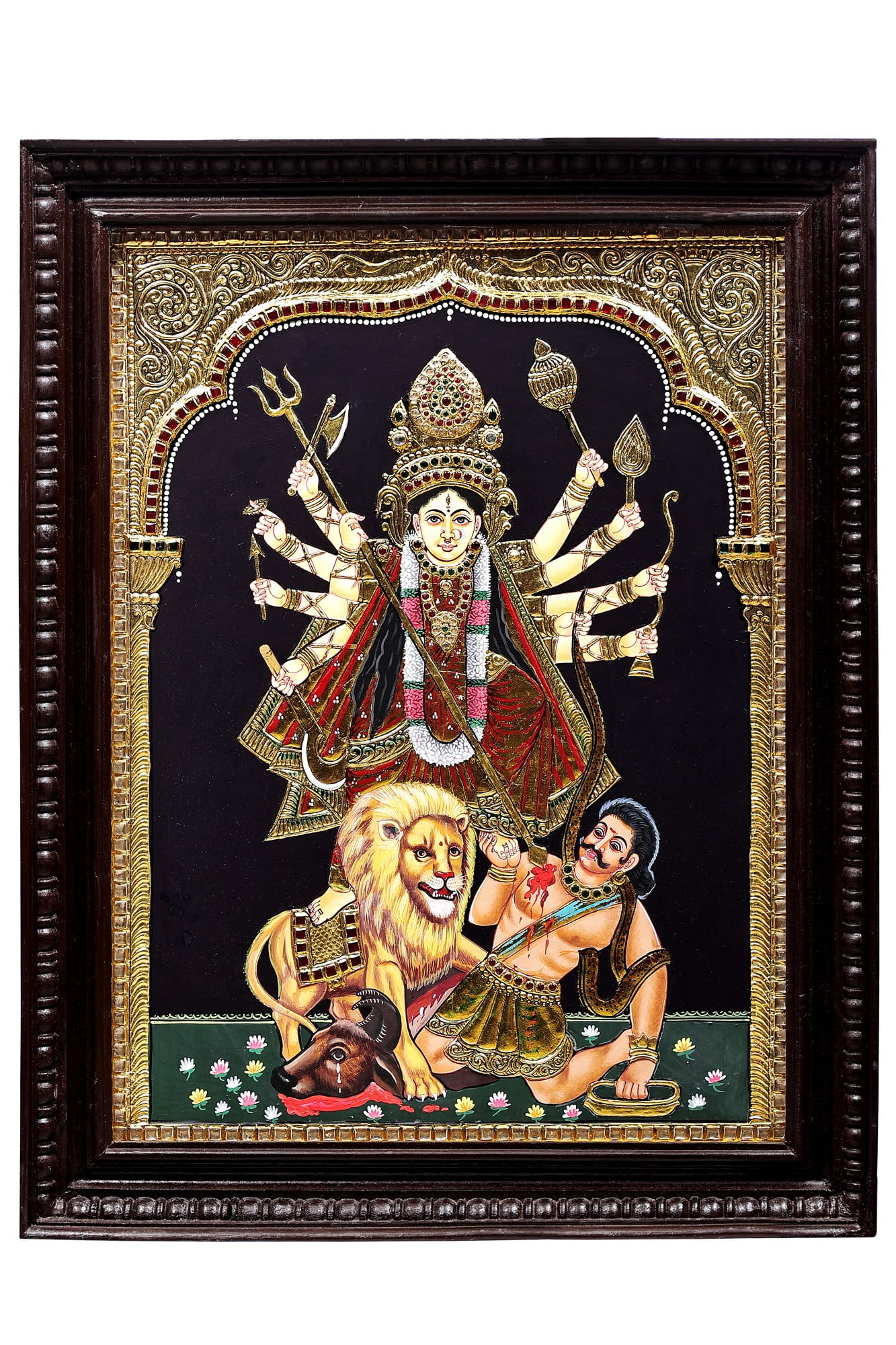 Mahishasura-Mardini Ten-armed Durga Tanjore Painting | Traditional Colors With 24K Gold ...