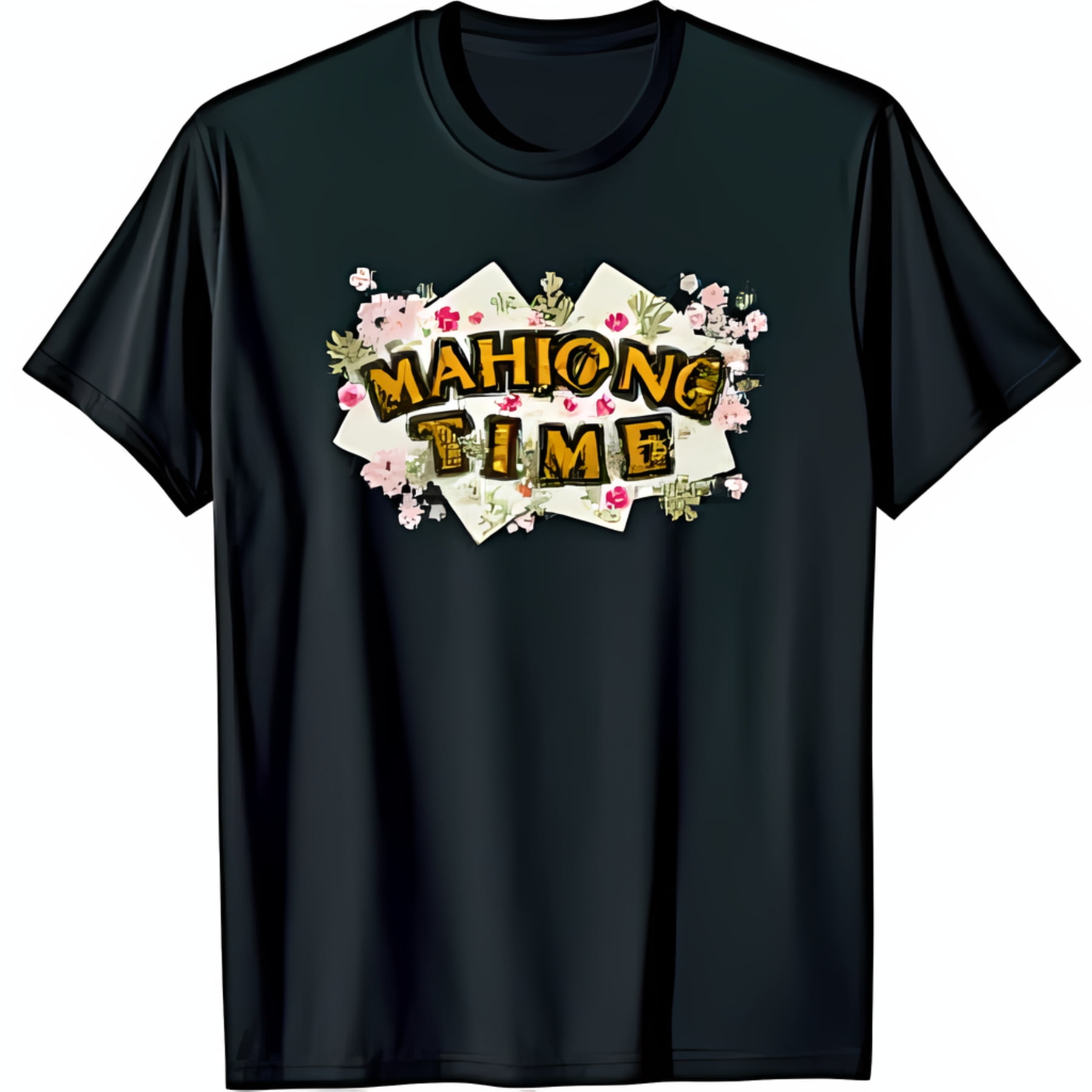 Mahjong Black T-Shirt with Colorful Mahjong Tiles & Floral Design for ...
