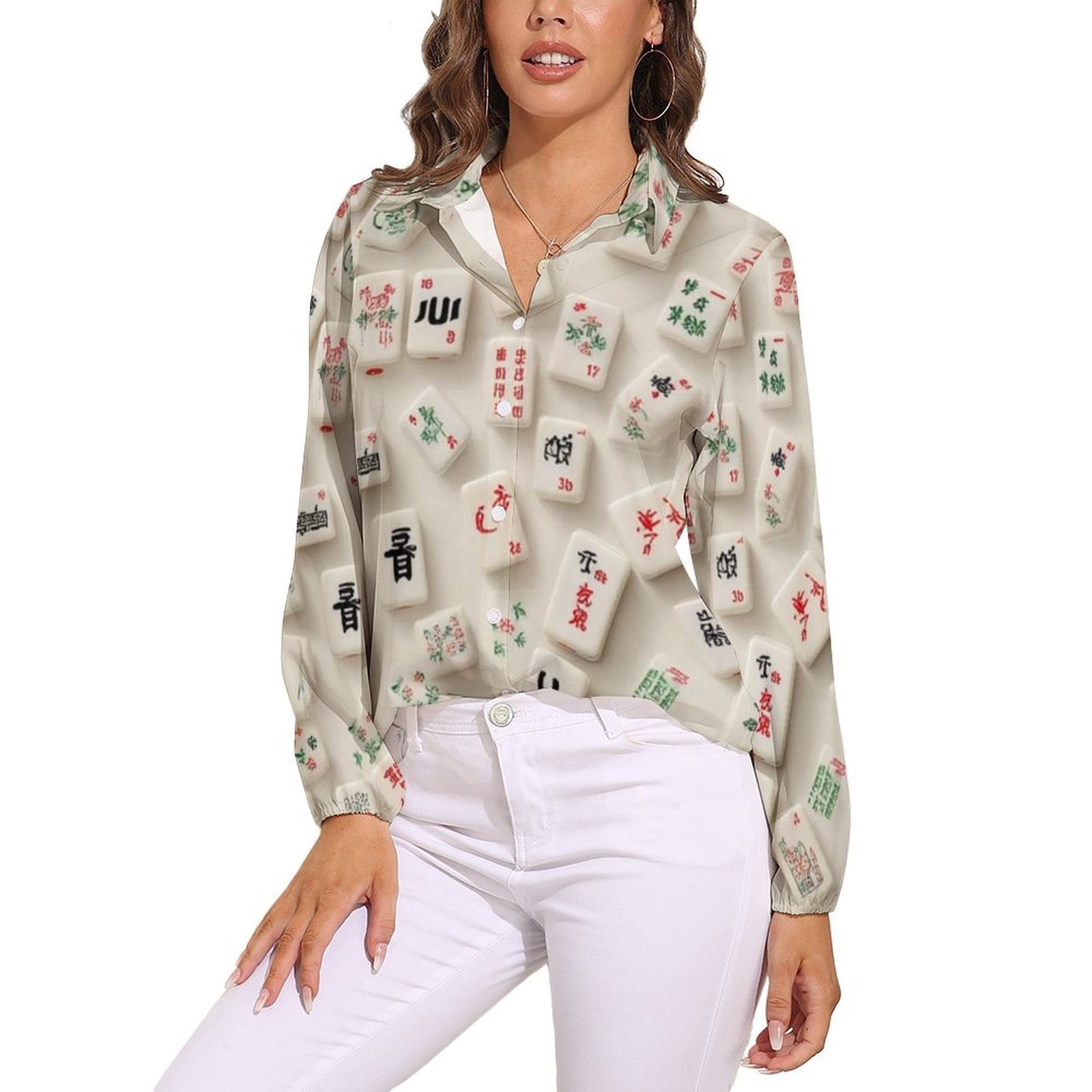 Mahjong Game Tiles Design-2 Vntage Casual Long Sleeve Shirt Blouse ...