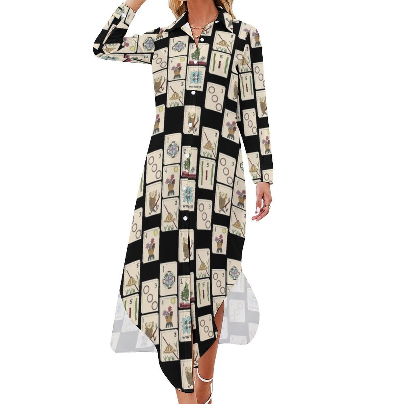 Mahjong Majong Black Tile Pattern Long Sleeved Shirt Dress luxury ...