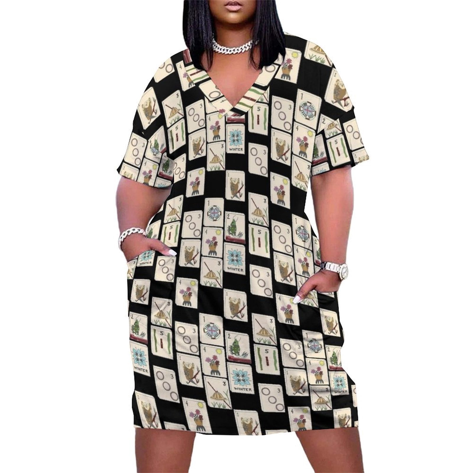 Mahjong Majong Black Tile Pattern Loose Pocket Dress women's clothing ...