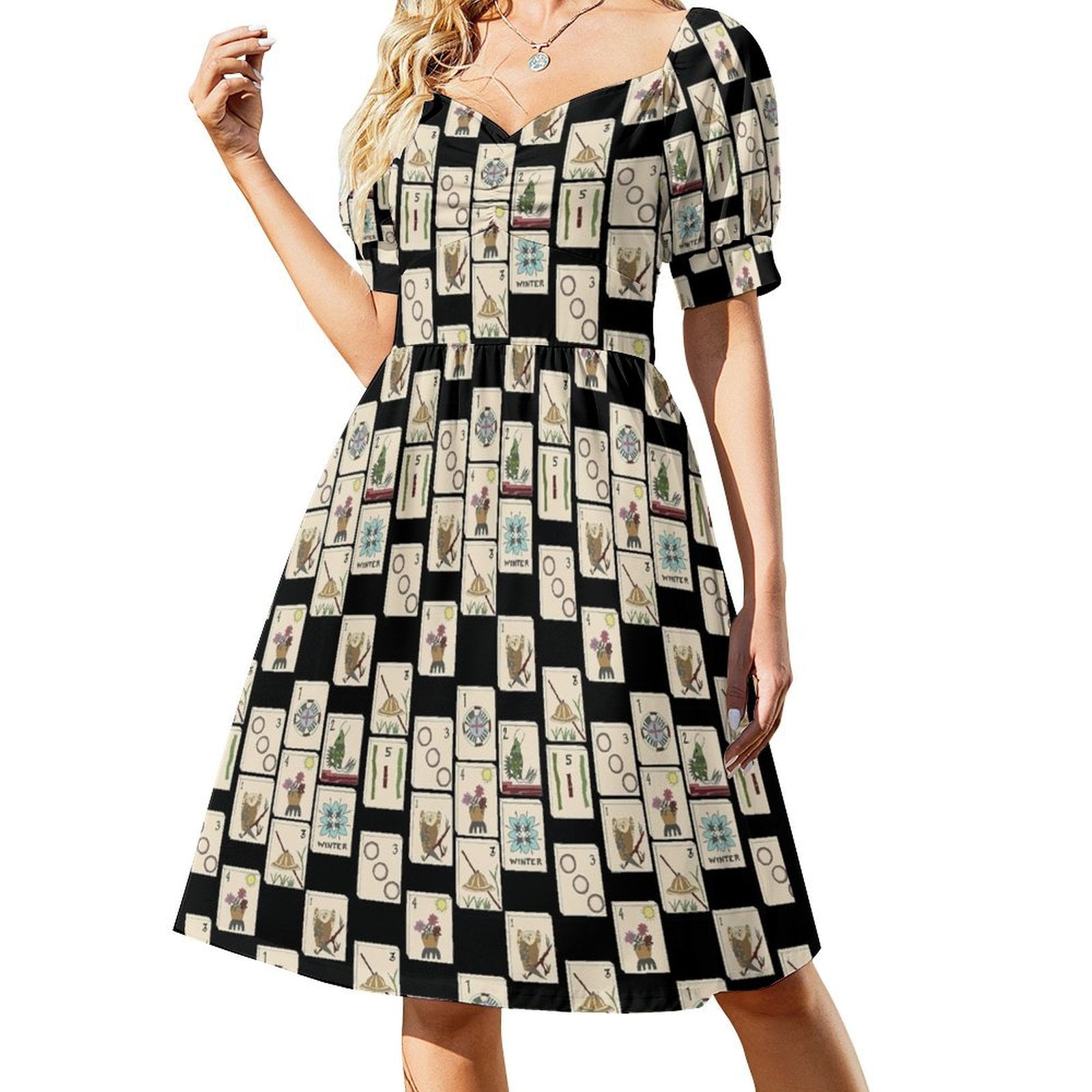 Mahjong Majong Black Tile Pattern Short Sleeved Dress elegant and ...