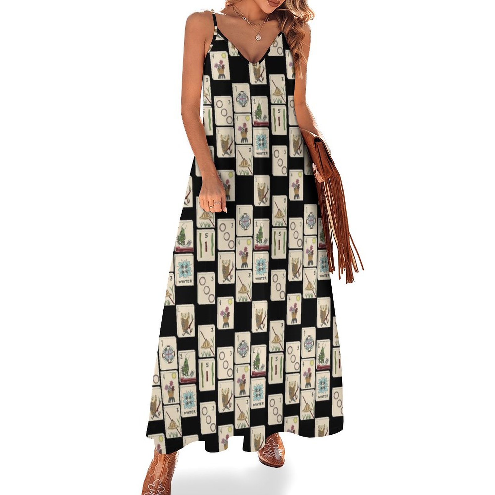 Mahjong Majong Black Tile Pattern Sleeveless Dress Woman clothing Dress ...