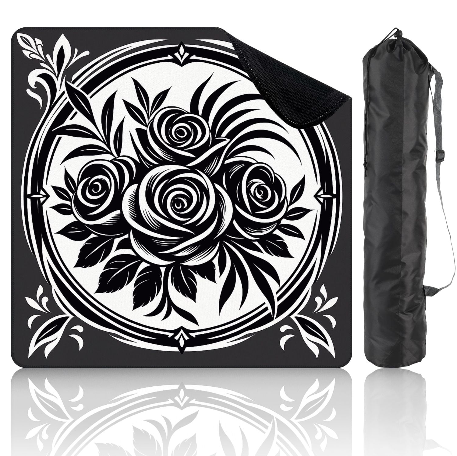 Mahjong Mat 31.5" x 31.5" Black White Floral Roses Circular Frame Non ...
