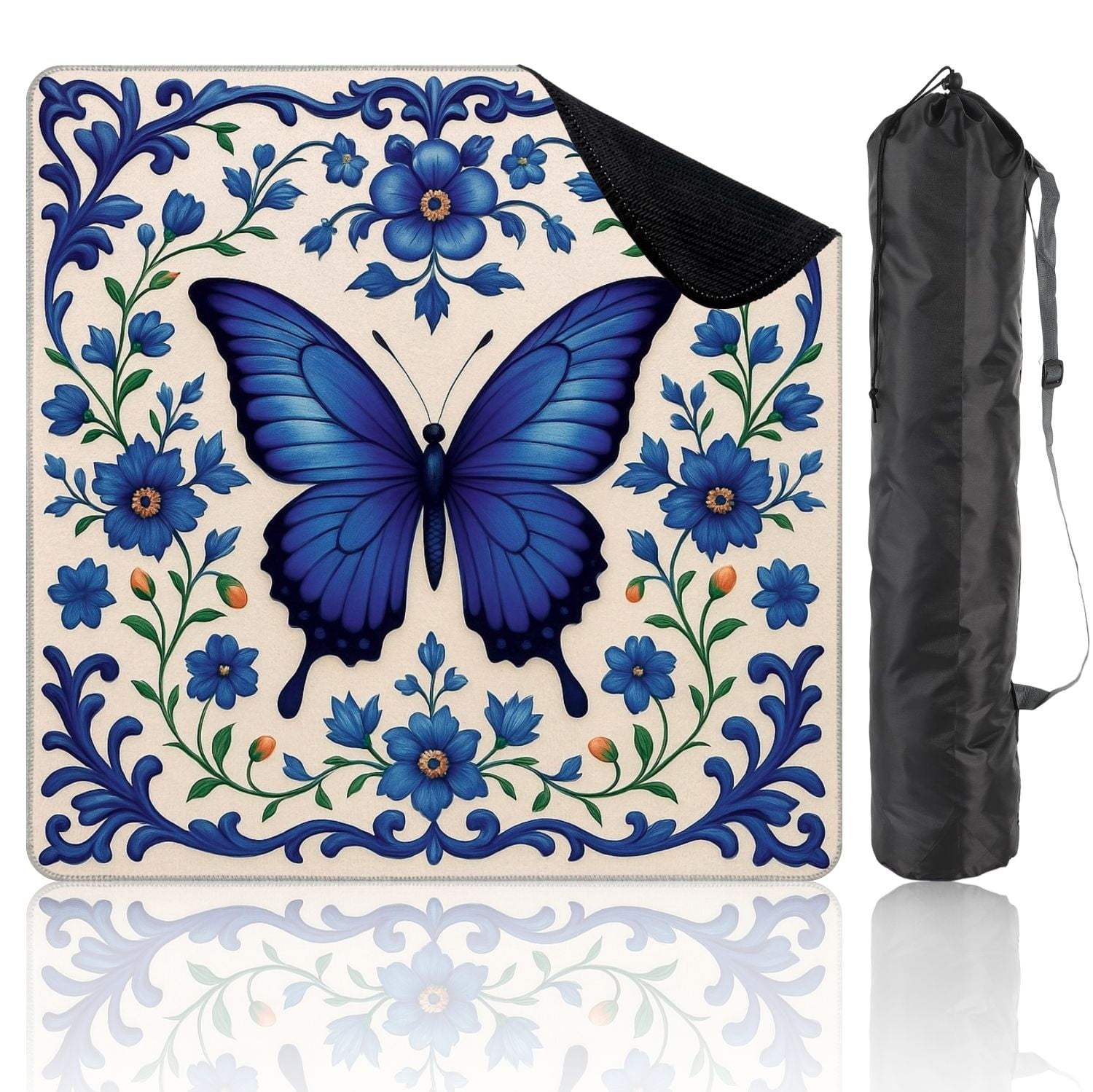 Mahjong Mat 31.5" x 31.5" Blue Butterfly Floral Motif Elegant Ornate ...