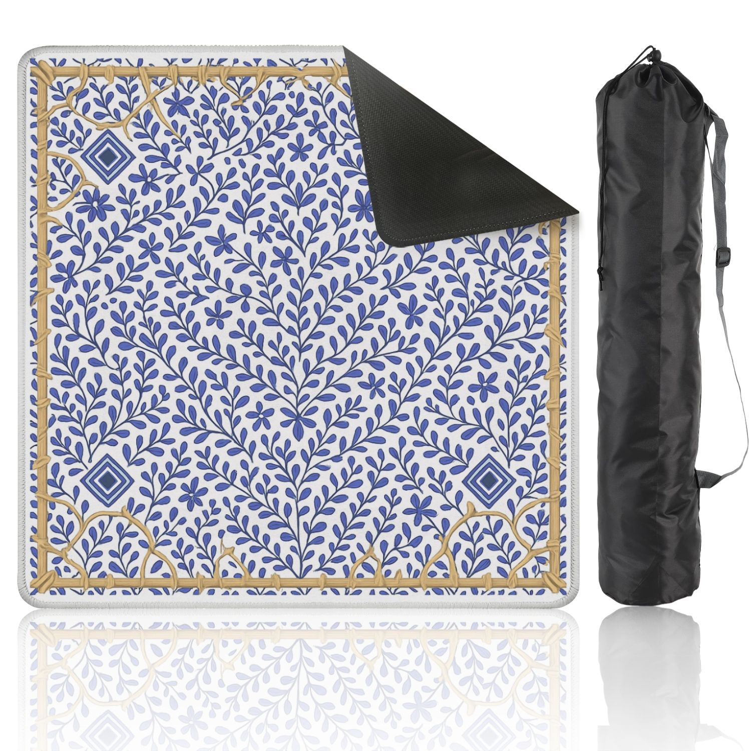 Mahjong Mat 31.5" x 31.5" Blue Floral Elegant Golden Borders Diamond ...