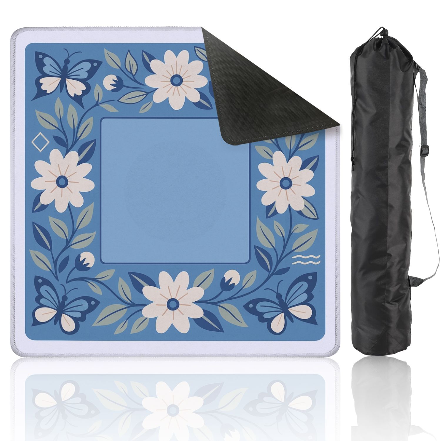 Mahjong Mat 31.5" x 31.5" Blue Floral Frame Butterflies Leaves Anti ...
