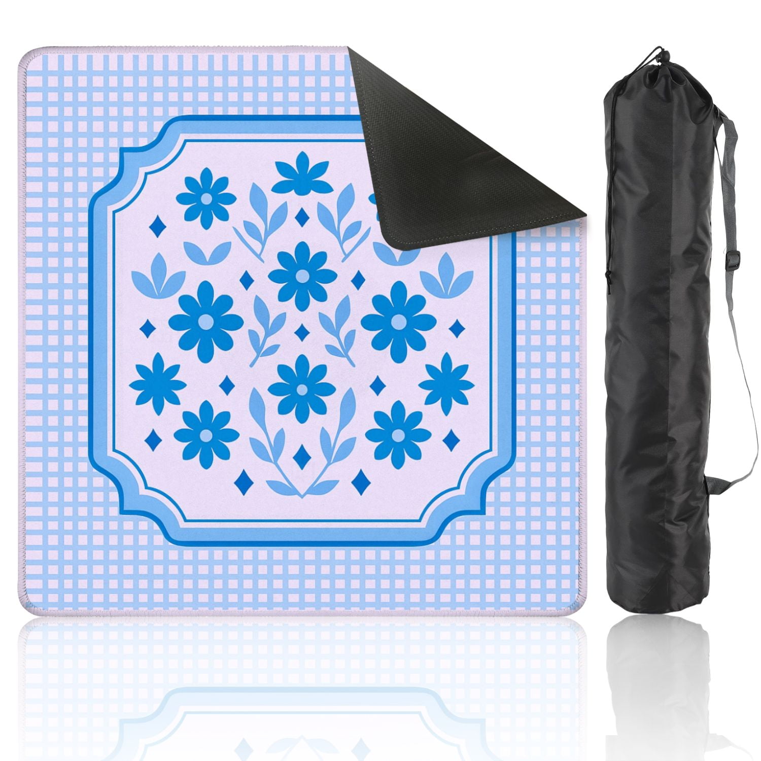 Mahjong Mat 31.5" x 31.5" Blue Floral Geometric Borders Soft Purple ...