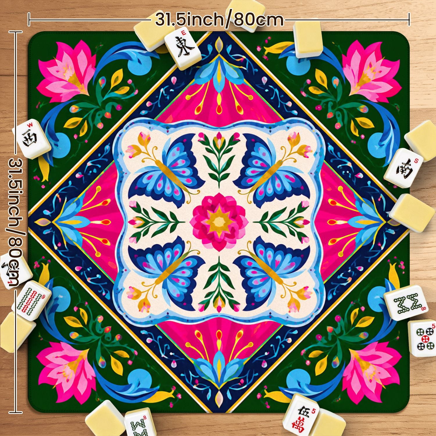 Mahjong Mat 31.5" x 31.5" Colorful Crane Floral Geometric Pink Blue ...
