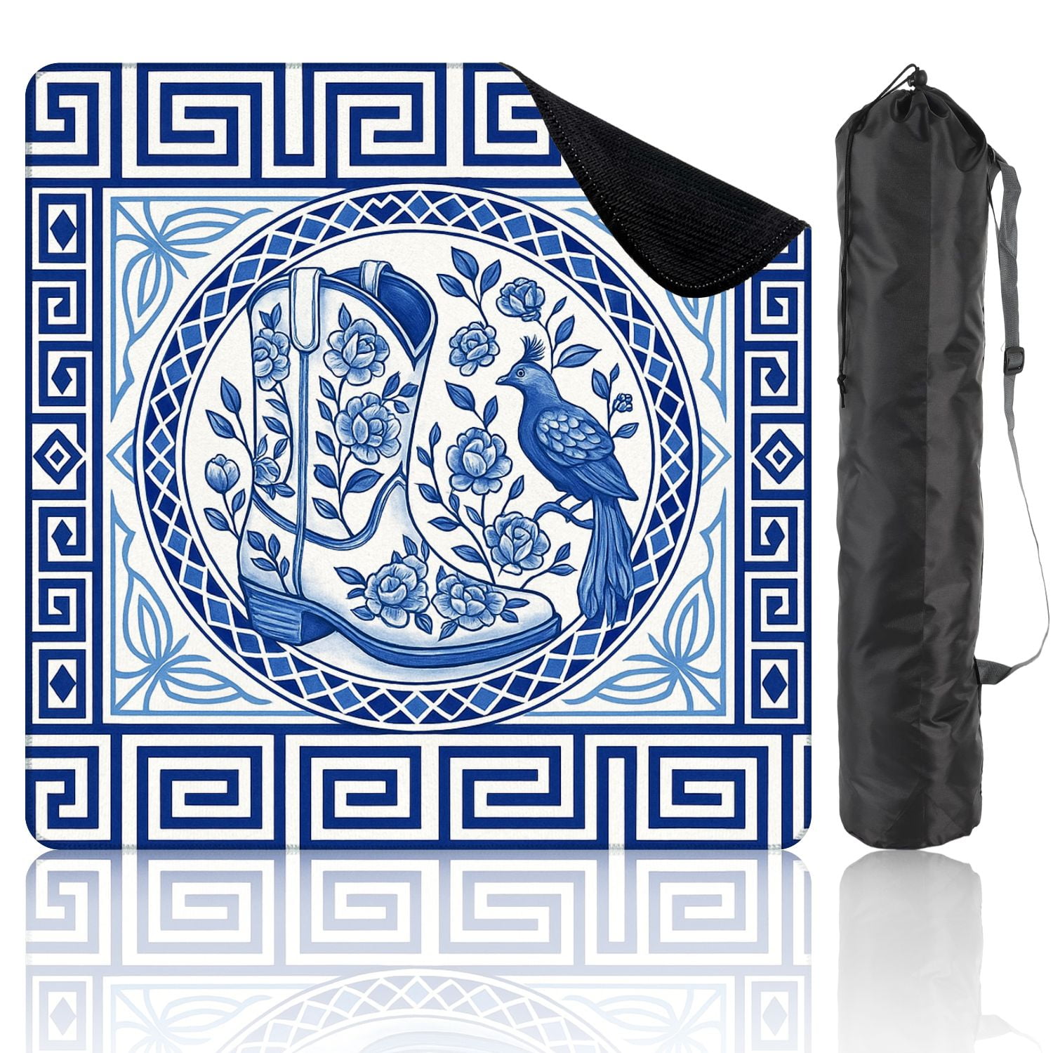 Mahjong Mat 31.5" x 31.5" Floral Cowboy Boot Bird Blue White Style Non ...