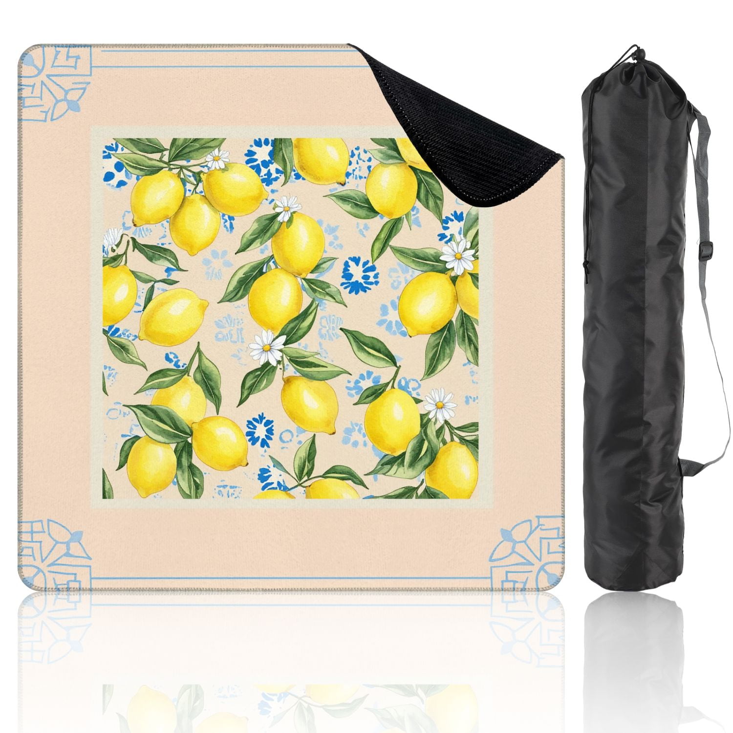 Mahjong Mat 31.5" x 31.5" Lemon Daisy Floral Soft Blue Accents Non-Slip ...