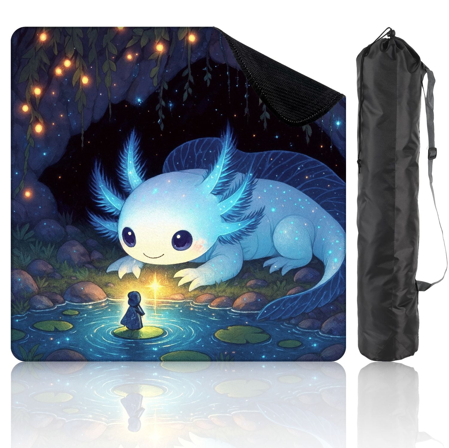 Mahjong Mat 31.5" x 31.5" Magical Axolotl Mystical Forest Scene Glowing ...