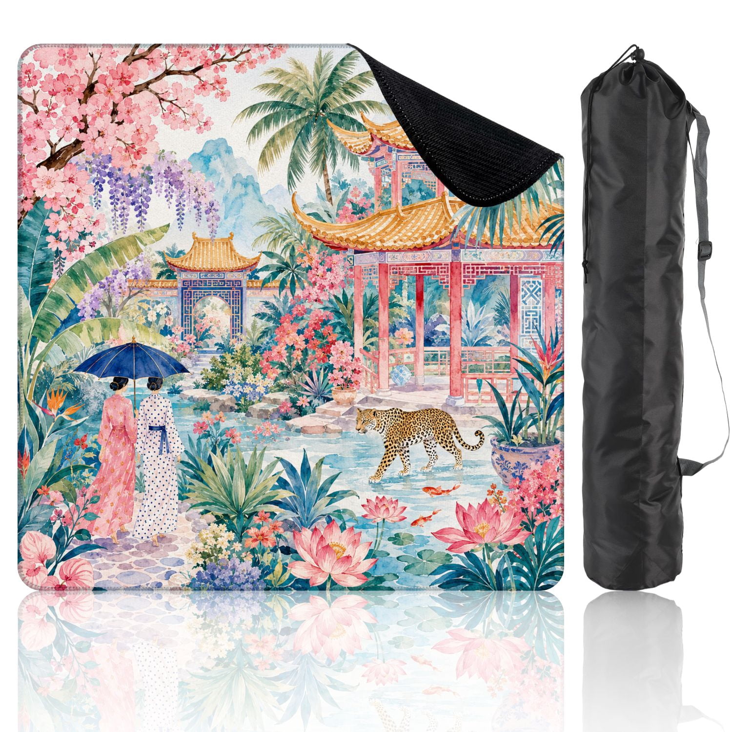 Mahjong Mat 31.5" x 31.5" Oriental Garden Pavilion Cherry Blossoms ...