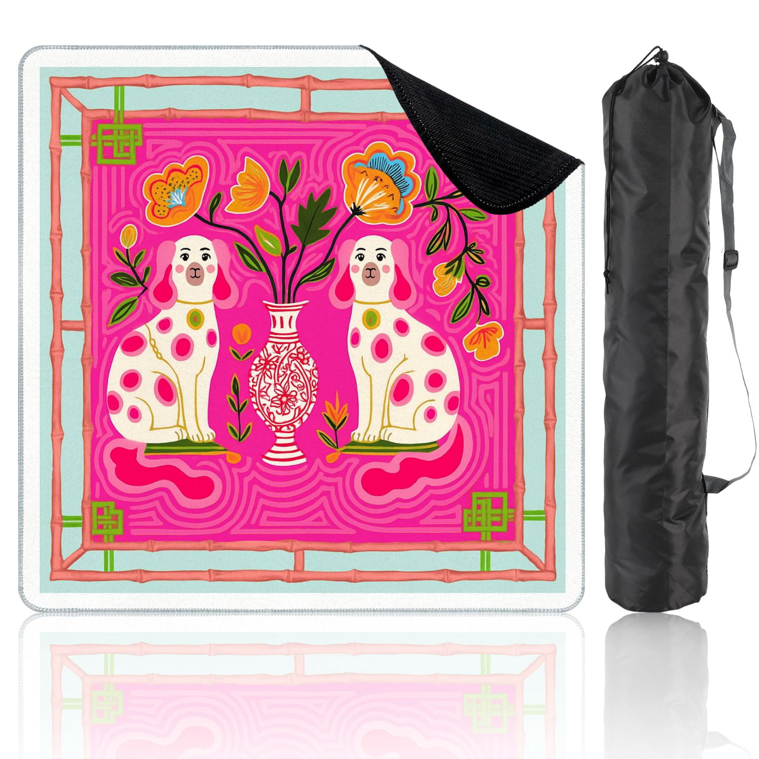 Mahjong Mat 31.5" x 31.5" Pink Floral Dog Vase Bamboo Frame Non-Slip ...