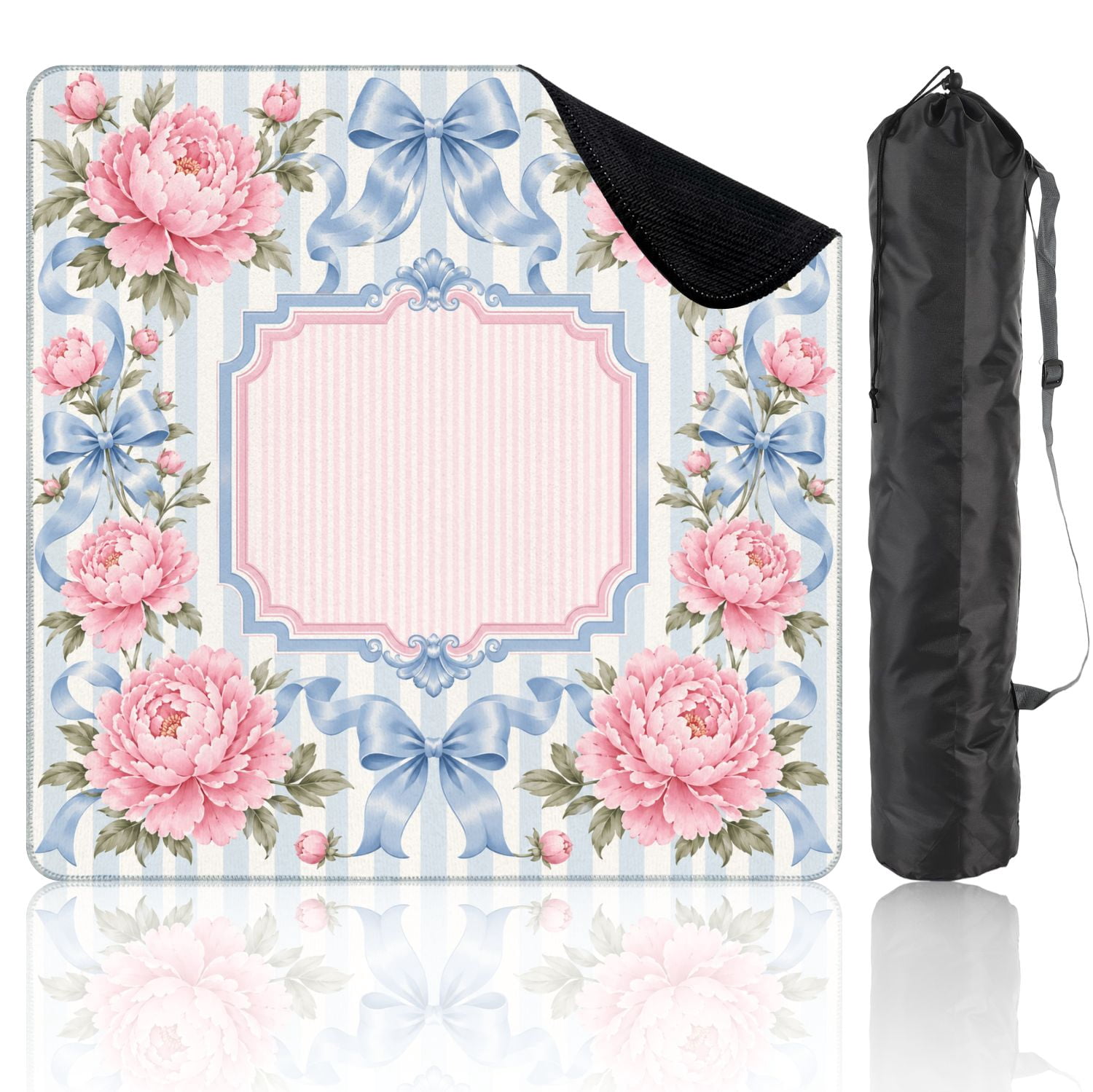 Mahjong Mat 31.5" x 31.5" Pink Peony Flowers Blue Striped Ribbon Bows ...
