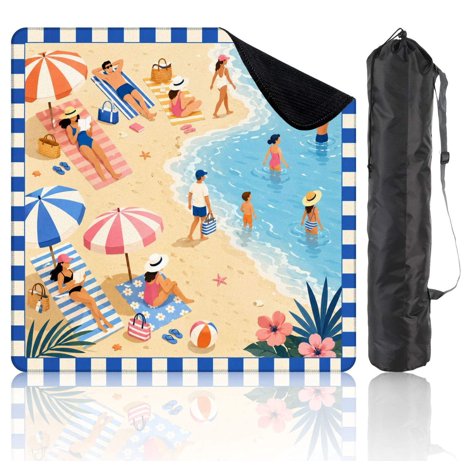 Mahjong Mat 31.5" x 31.5" Playful Beach Scene Sunbathers Umbrellas ...