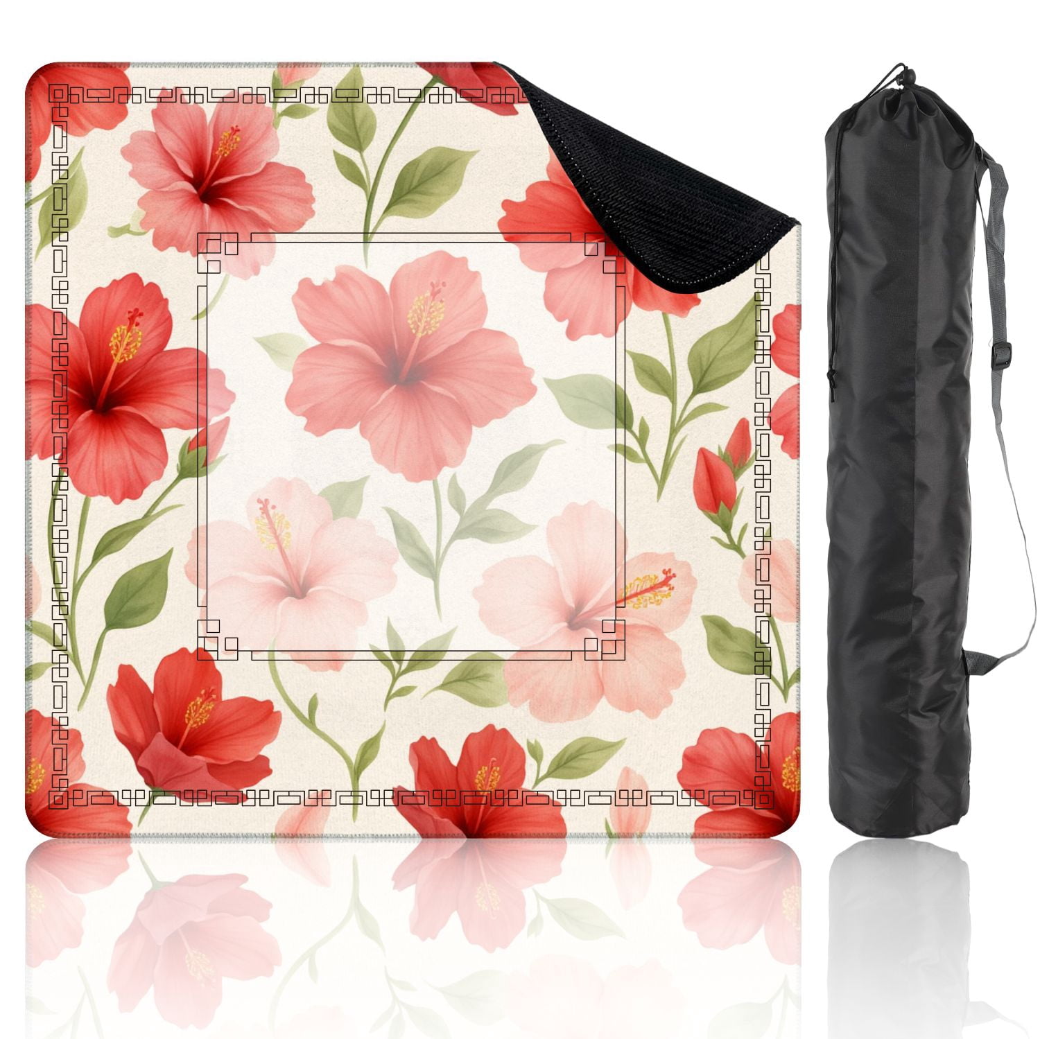 Mahjong Mat 31.5" x 31.5" Seamless Vibrant Red Pink Hibiscus Flowers ...