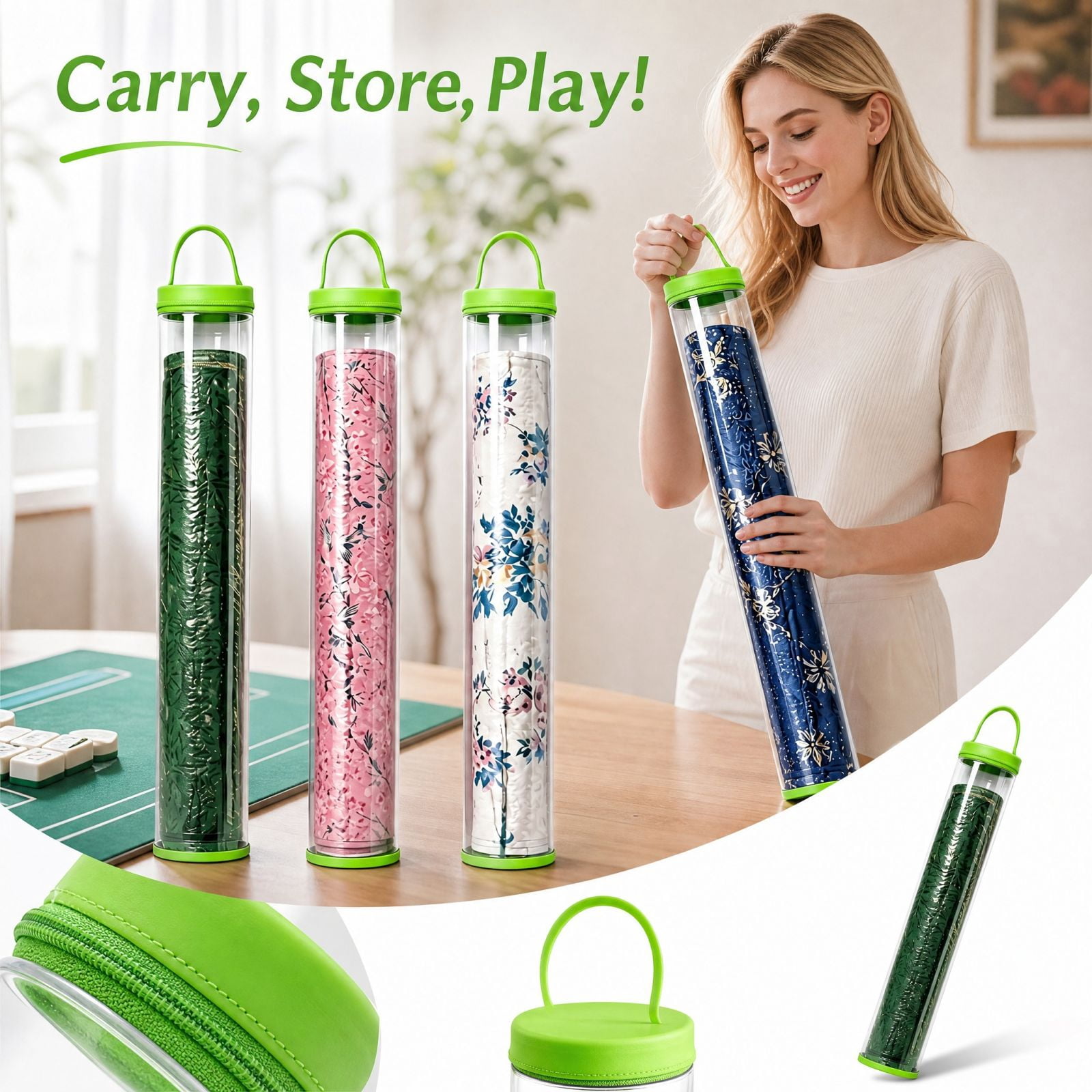 Mahjong Mat Bag with Clear Pvc Cylinder and Reinforced Handle, 1 Pack ...