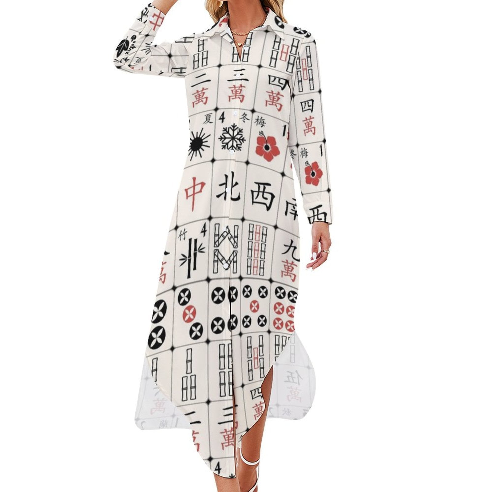 Mahjong Tile Pattern Design Long Sleeved Shirt Dress Dress woman dress ...