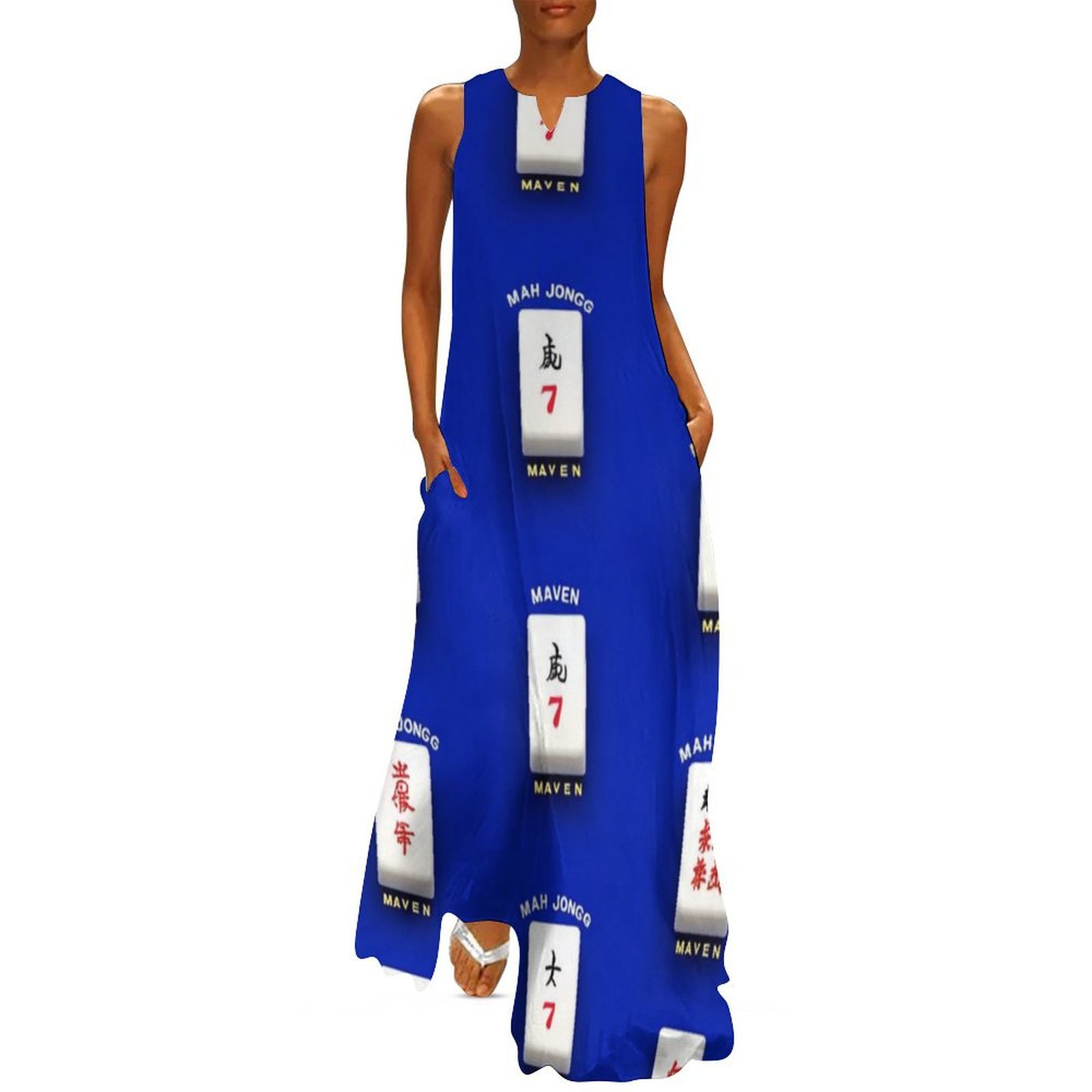 Mahjong Tiles Pattern Blue Background Long Dress dress women summer ...