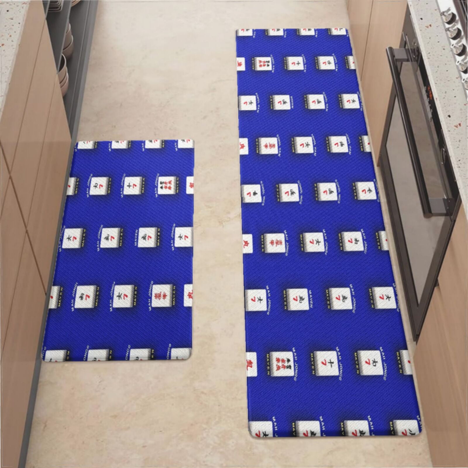 Mahjong Tiles Pattern Blue Background Pvc Kitchen Mat Runner 2 Pieces ...