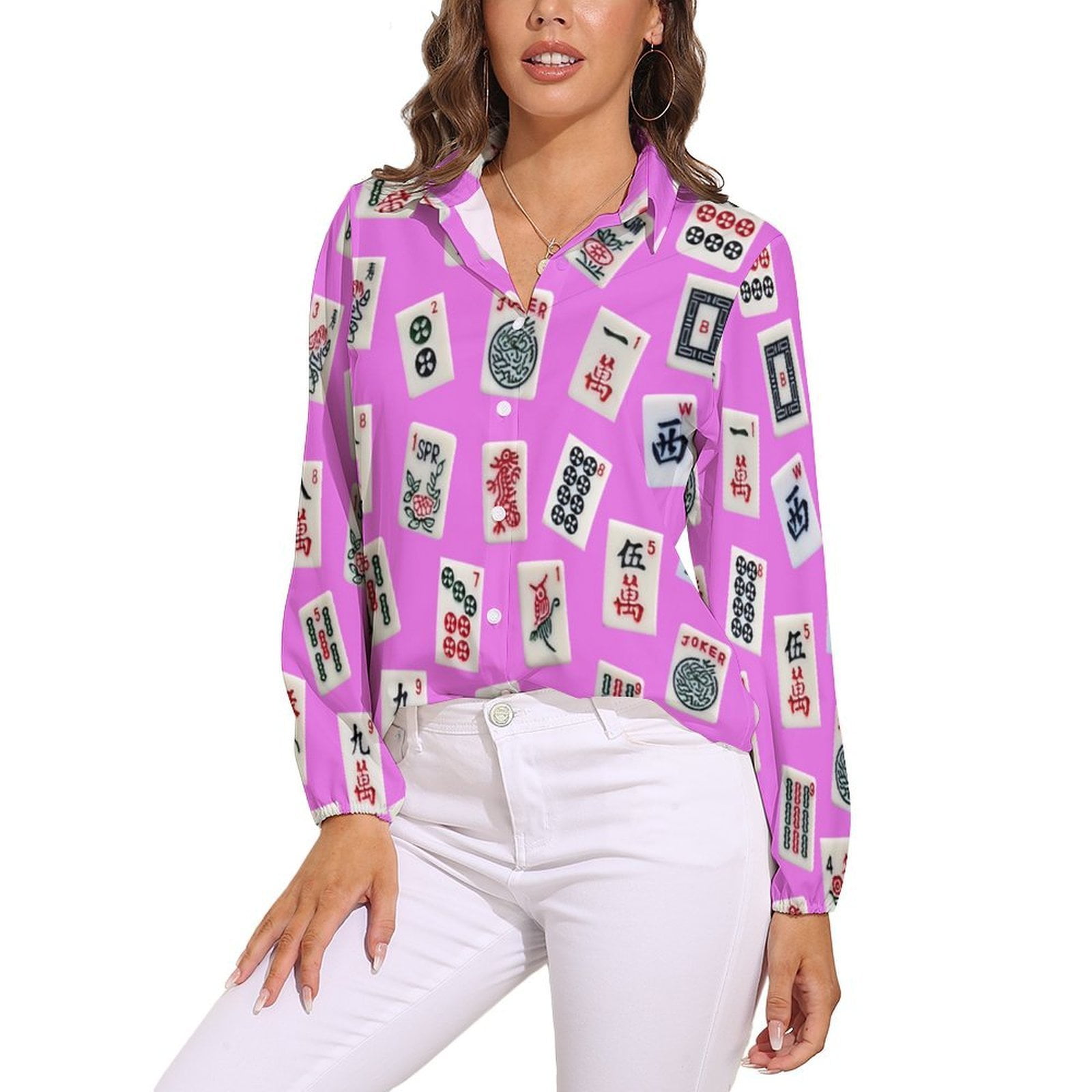 Mahjongg Game Tiles Design on Pink Color Long Sleeve Blouse Woman ...