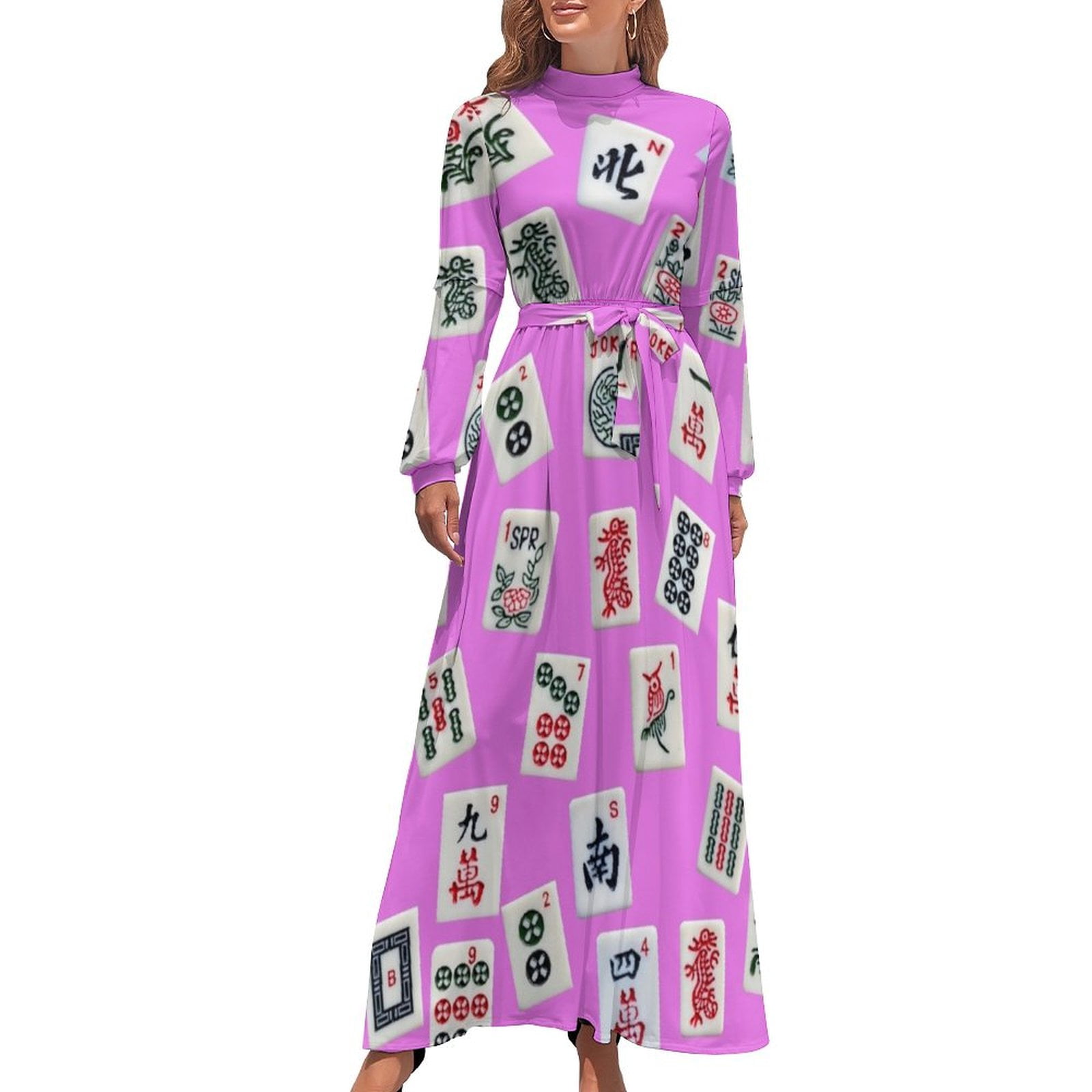 Mahjongg game tiles design on pink color Long Dress dress women elegant ...