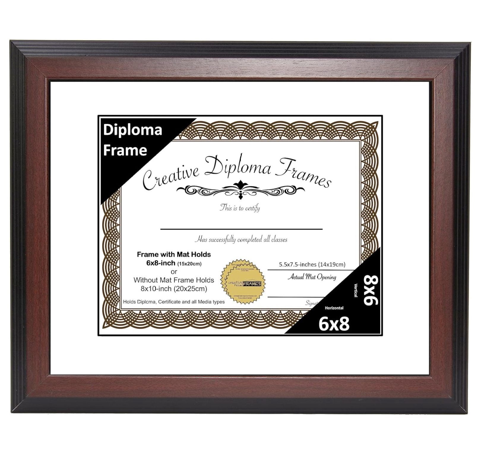 Mahogany Finish Diploma Frame with White Matting for 6x8 Documents ...