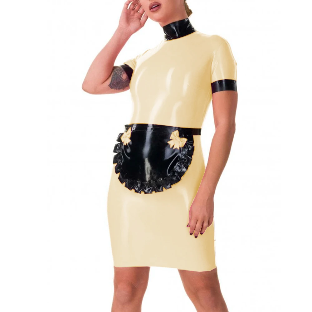 Maid Cosplay Uniform Sets Short Sleeve High Neck Wetlook PVC Bodycon ...