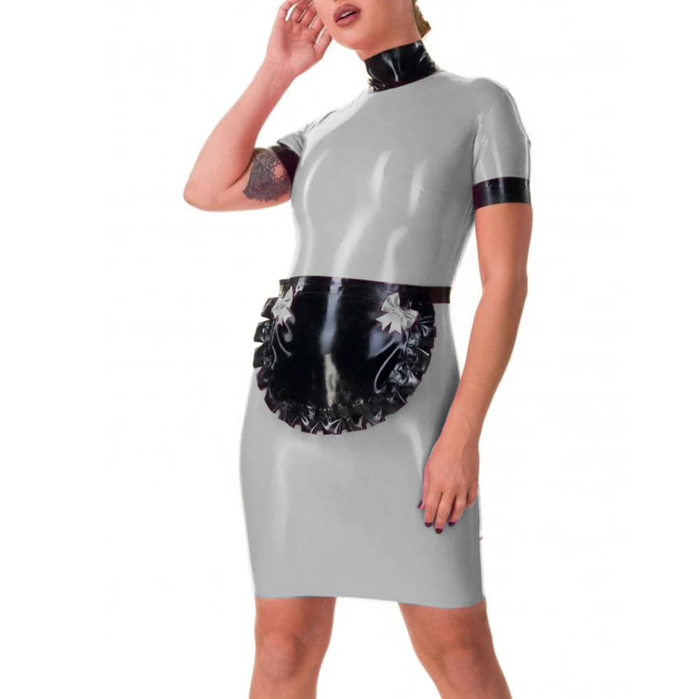 Maid Cosplay Uniform Sets Short Sleeve High Neck Wetlook PVC Bodycon ...