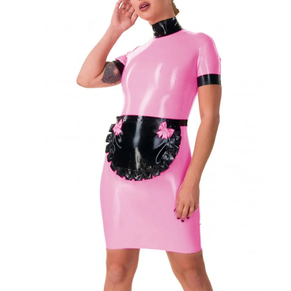 Maid Cosplay Uniform Sets Short Sleeve High Neck Wetlook PVC Bodycon ...